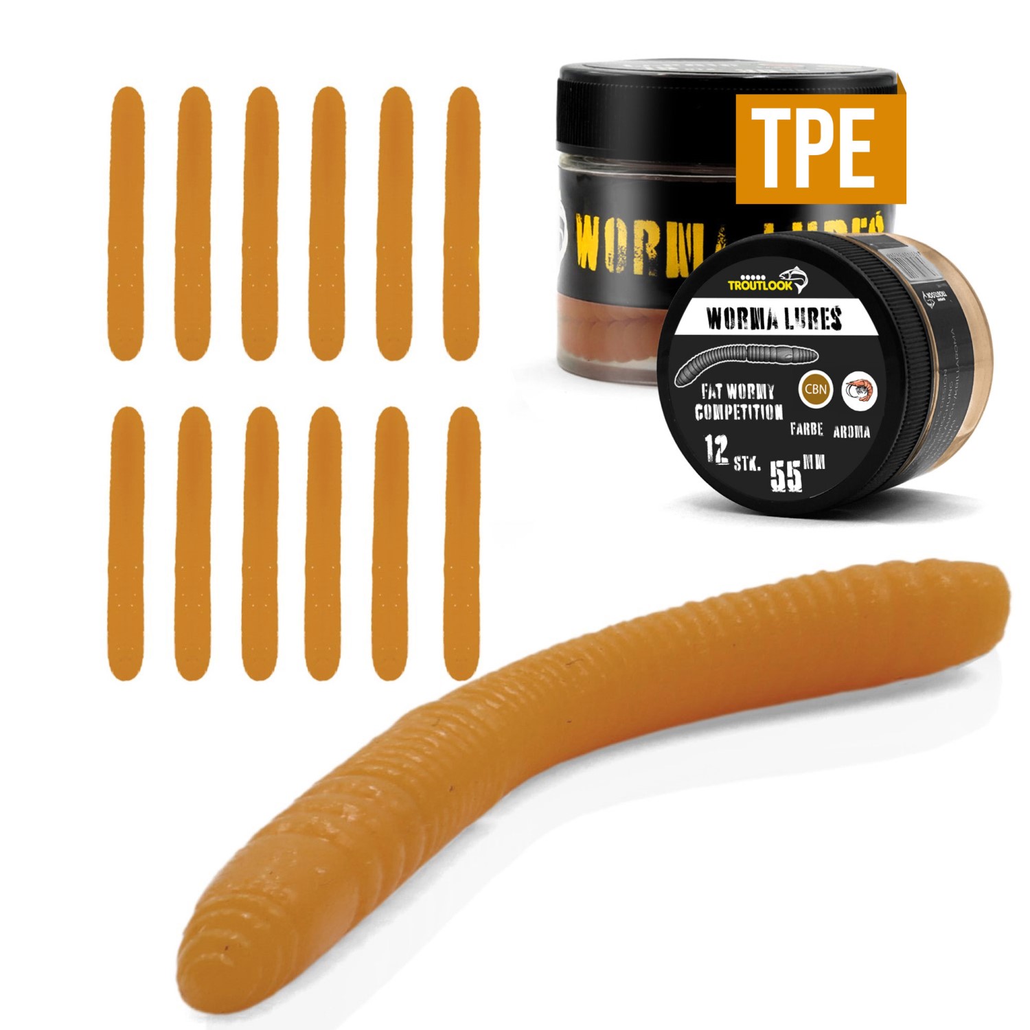 Troutlook Worma Lures - Fat Wormy Competition Forellengummi Krill - 5,5cm - 12 Stück - Coffee
